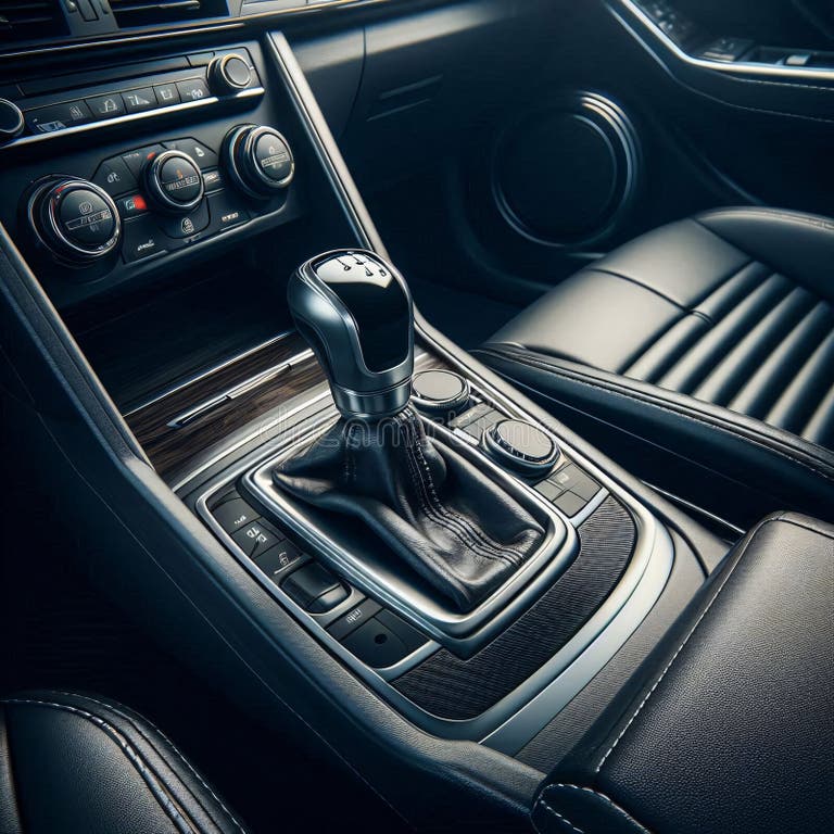 Black Leather Car Interior with Gear Shift and Controls Stock ...