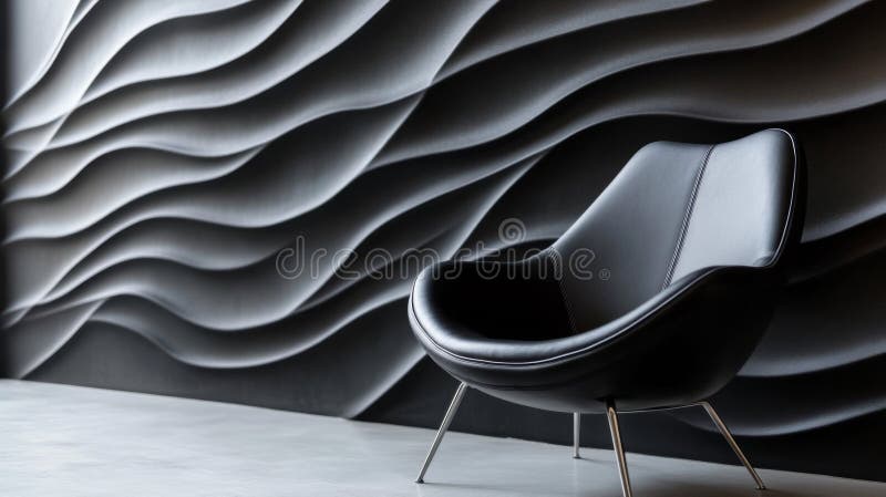 Black Leather Chair Against a Textured Gray Wave Wall Stock ...