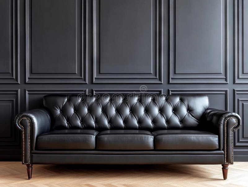 A Black Leather Couch Sitting in Front of a Black Wall Stock Photo ...
