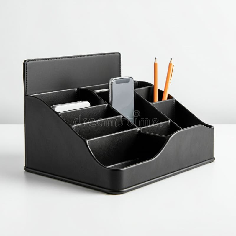 Black Leather Desk Organizer with Multiple Compartments on a White ...