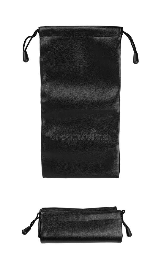 Black Leather Drawstring Pouch, Shown in Both Open and Folded States ...