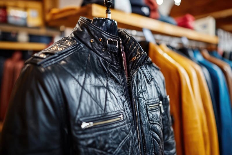 Black Leather Jacket Displayed in Fashion Retail Store Stock Photo ...