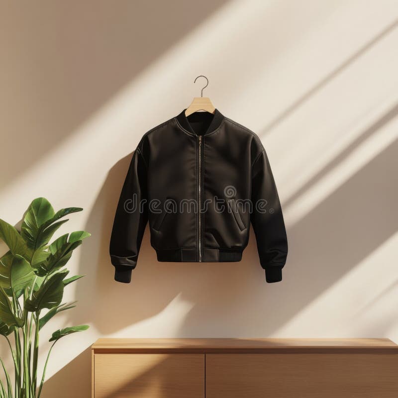 Black Leather Jacket Hanging on a Hanger. 3d Rendering Mock Up Stock ...