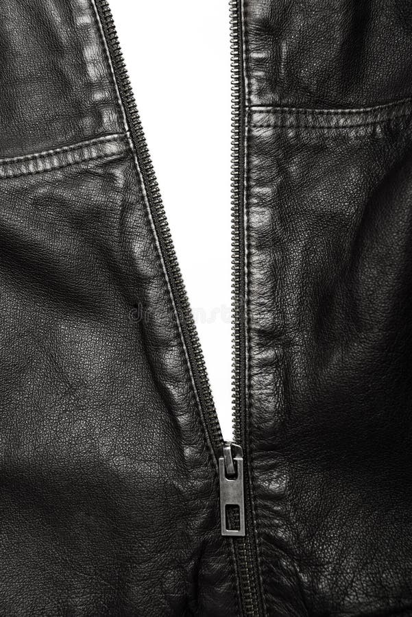 Black Leather Jacket with the Zip Partly Open Stock Image - Image of ...