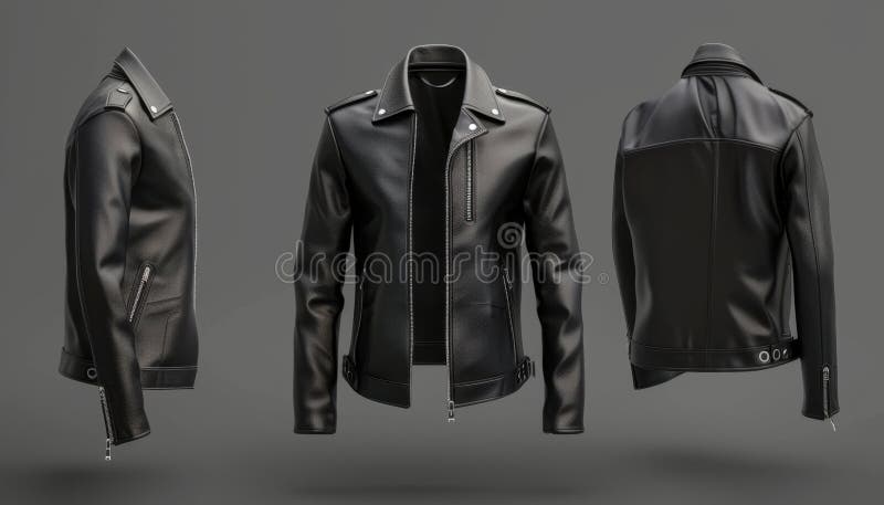 Black Leather Jackets Displayed from Multiple Angles on a Gray ...