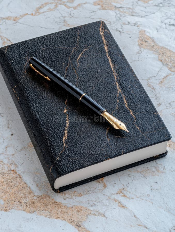Black Leather Journal with Gold Pen Stock Illustration - Illustration ...