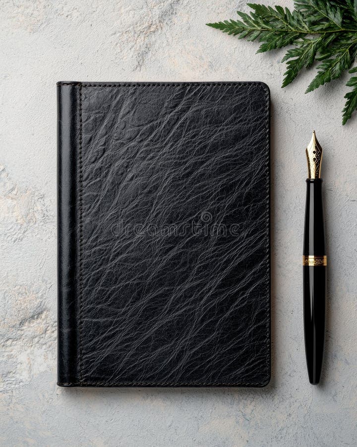 Black Leather Notebook and Fountain Pen on a Textured Surface Stock ...