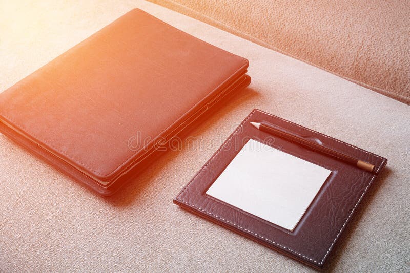 Black Leather Notepad and Notebook Stock Photo - Image of carpet ...