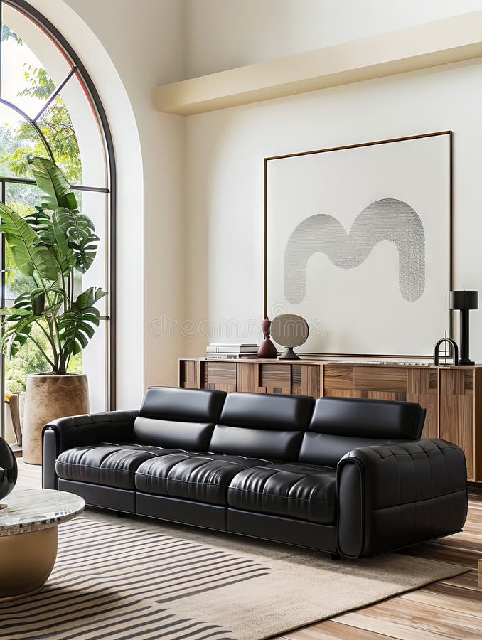 A Black Leather Sofa in a Living Room Stock Image - Image of wall ...
