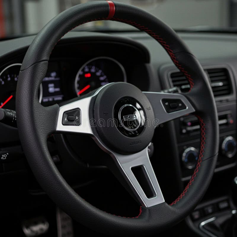 Black Leather Steering Wheel with Red Stitching and a Central Emblem ...