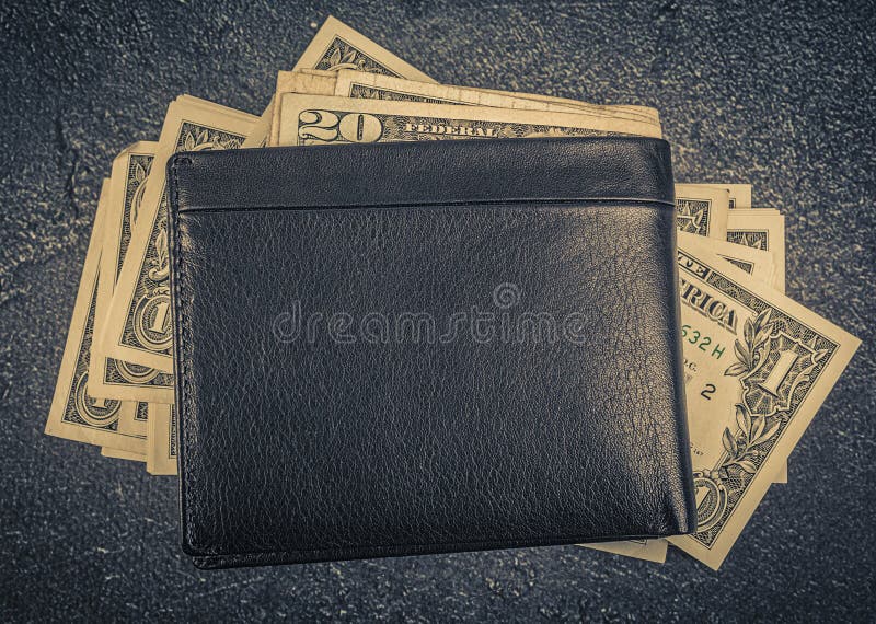 Black Leather Wallet with Banknotes Lying on Concrete Background Stock ...