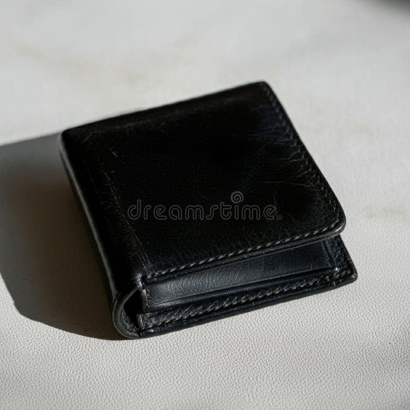 Black Leather Wallet, Compact and Rectangular, Resting on a Light ...