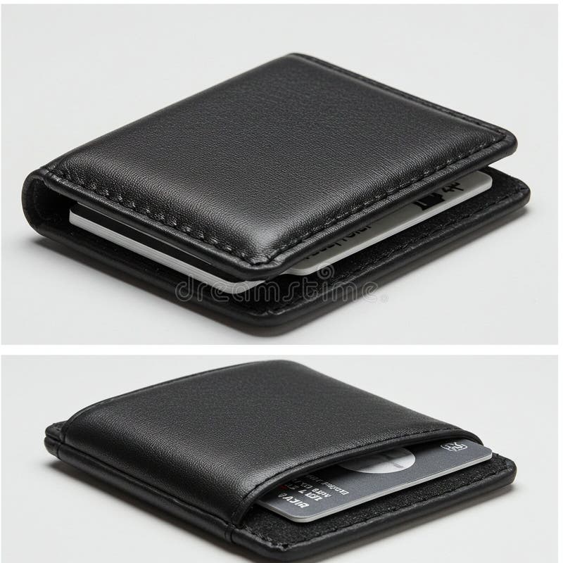 A Black Leather Wallet is Displayed in Two Different Angles on a Light ...