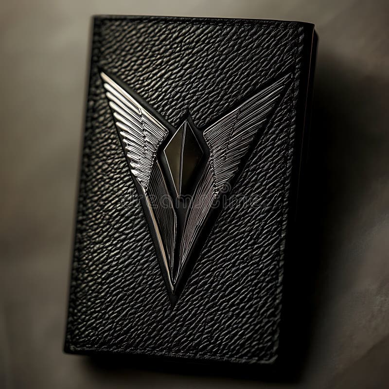 Black Leather Wallet with Metallic Emblem and Embossed Texture, Close ...