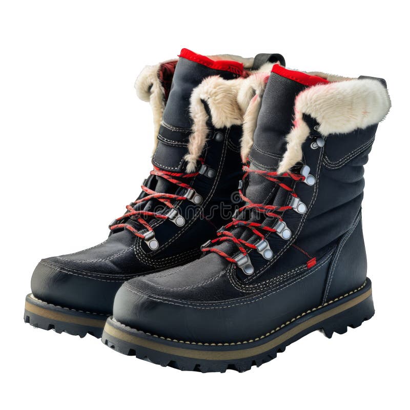 Black Leather Winter Boots with Red Laces and Fur Trim Stock Image ...