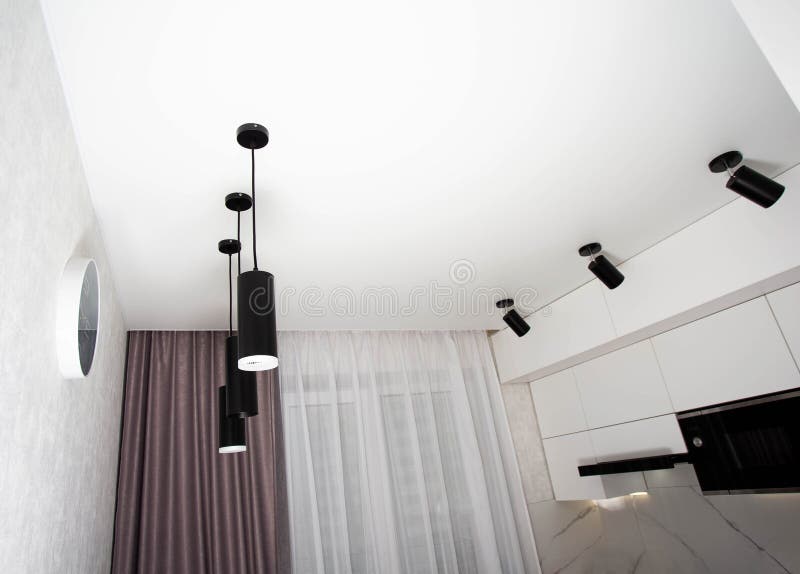 Black LED Spotlights in the Kitchen. Designer Modern Ceiling with ...