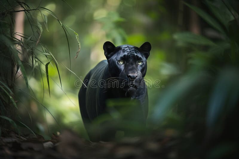 A Black Leopard in the Middle of a Forest Looking at the Camera Stock ...