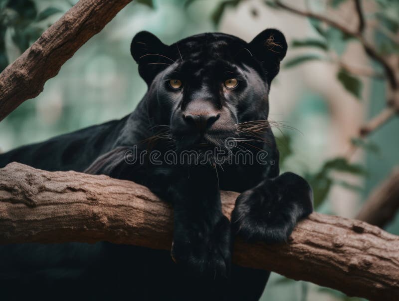 A Black Leopard Resting on a Tree Branch. AI Generative Image. Stock ...