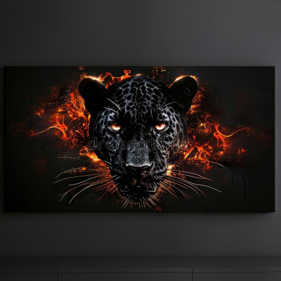 A Black Leopard with Vibrant Orange Flames on Its Face Stock Photo ...