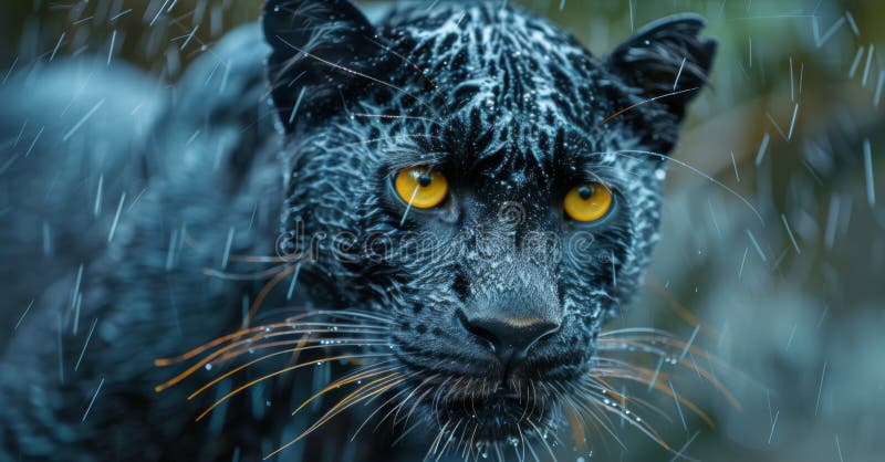 Black Leopard Walking through Forest in Rain Stock Photo - Image of ...