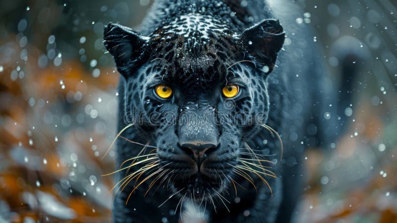 Black Leopard Walking through Forest in Rain Stock Photo - Image of ...