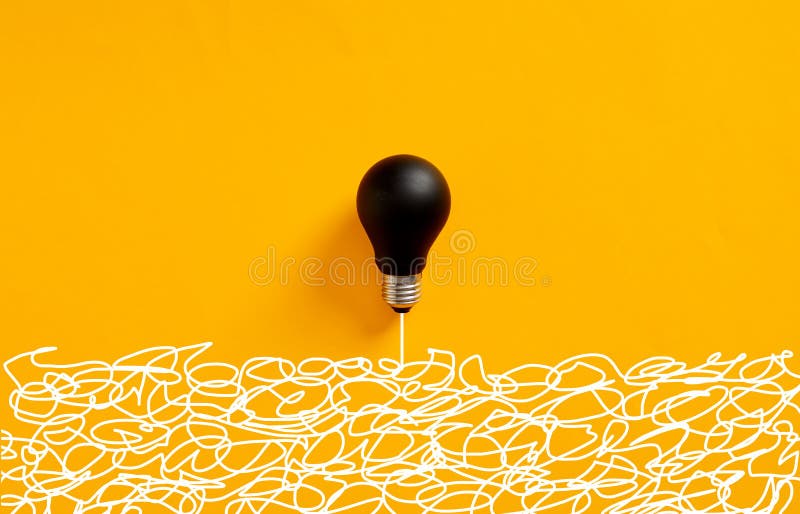 Black Light Bulb Floating Over Tangled White Lines on Yellow Background ...