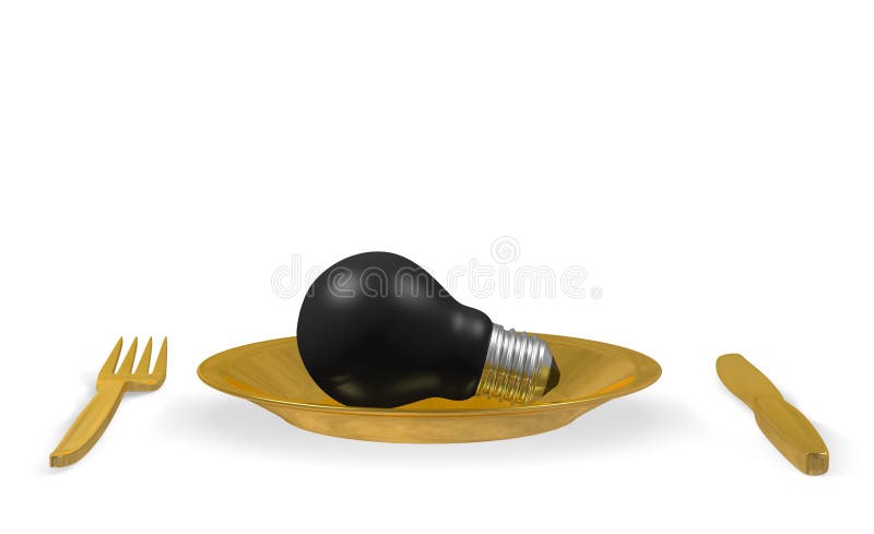 Black Light Bulb, Golden Plate, Fork and Knife. Front View Stock ...