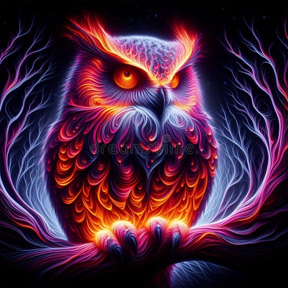 Black Light Painting of Owl with Red Orange Yellow Feathers with Violet ...