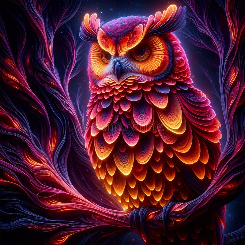 Black Light Painting of Owl with Red Orange Yellow Feathers with Violet ...