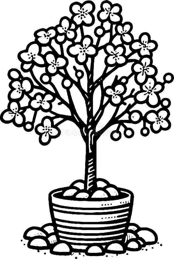 Black Line Art Beautiful Sakura Tree Decorative Hand Drawn Illustration ...