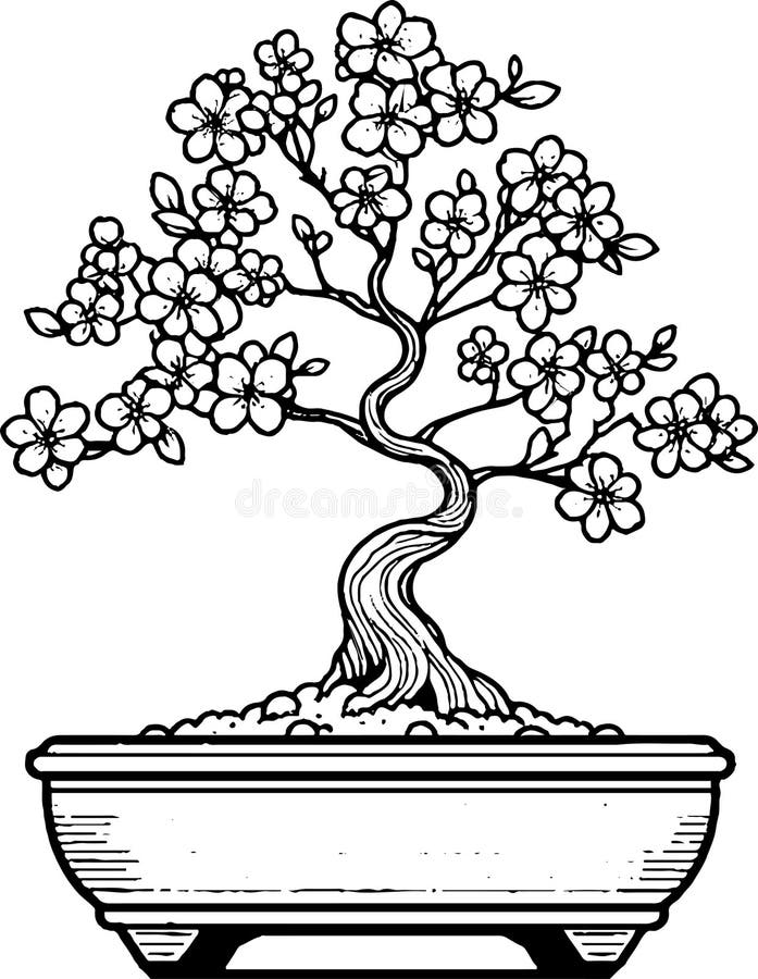 Black Line Art Beautiful Sakura Tree Decorative Hand Drawn Illustration ...
