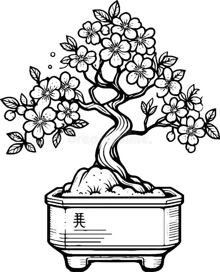 Black Line Art Beautiful Sakura Tree Decorative Hand Drawn Illustration ...