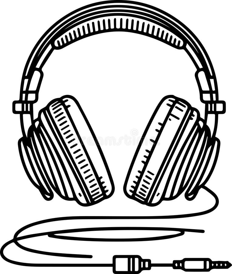 Black Line Art Headsets Electronic Device with Cable Art Hand Drawn ...