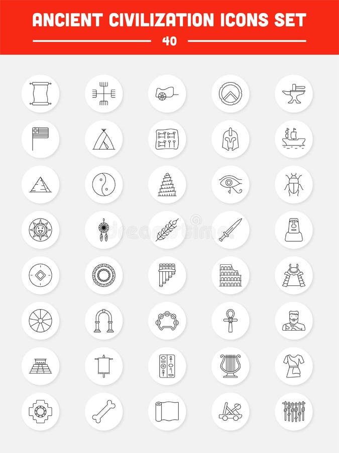 Black Line Art Set of Ancient Civilization Icons in Flat Stock ...