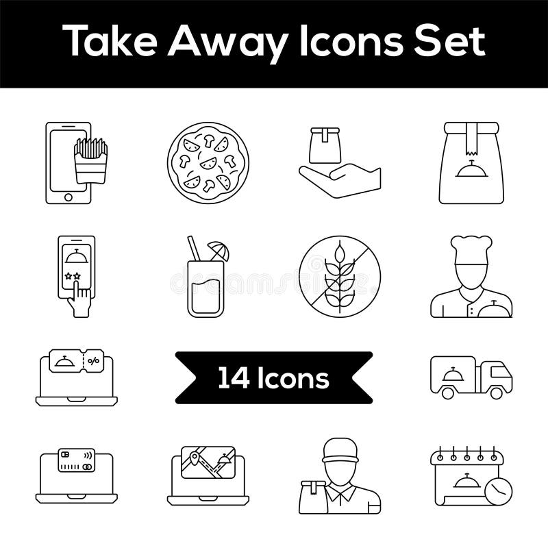 Black Line Art Set of Take Away Icon in Flat Stock Illustration ...