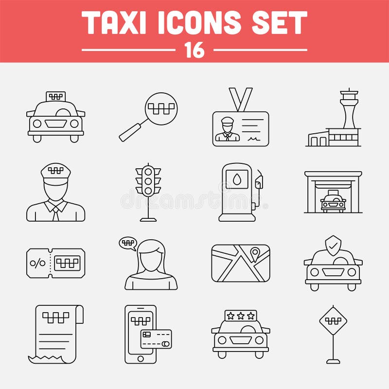 Black Line Art Set of Taxi Icons in Flat Style Stock Illustration ...