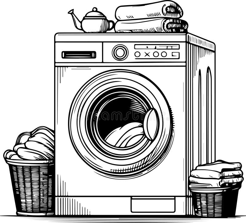 Black Line Art Washing Machine Electronic Hand Drawn Illustration Stock ...