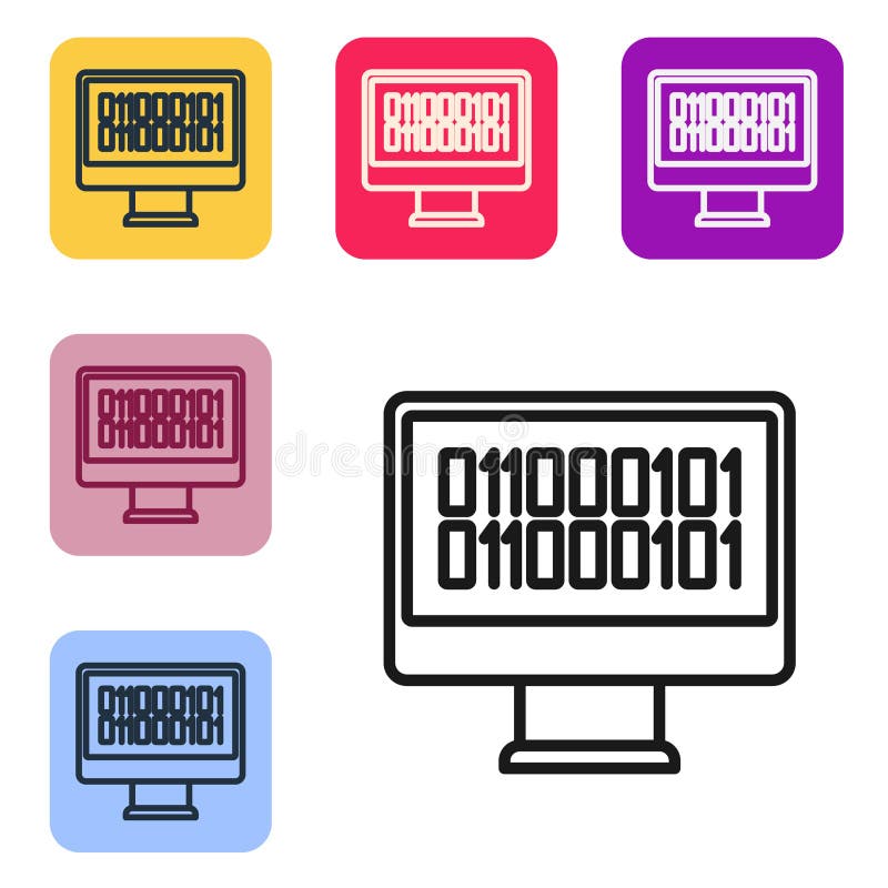 Black Line Binary Code Icon Isolated on White Background. Set Icons in Color Square Buttons ...