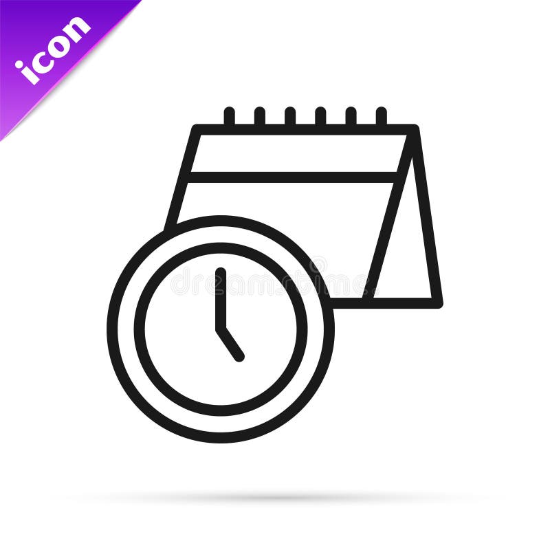 Black Line Calendar and Clock Icon Isolated on White Background ...