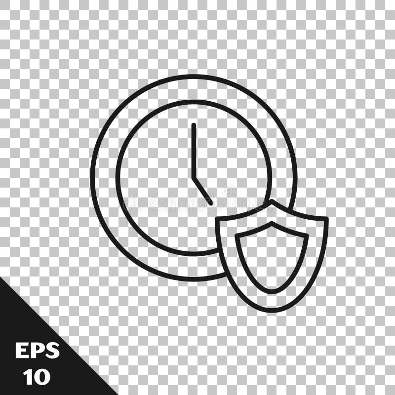 Black Line Clock with Shield Icon Isolated on Transparent Background ...