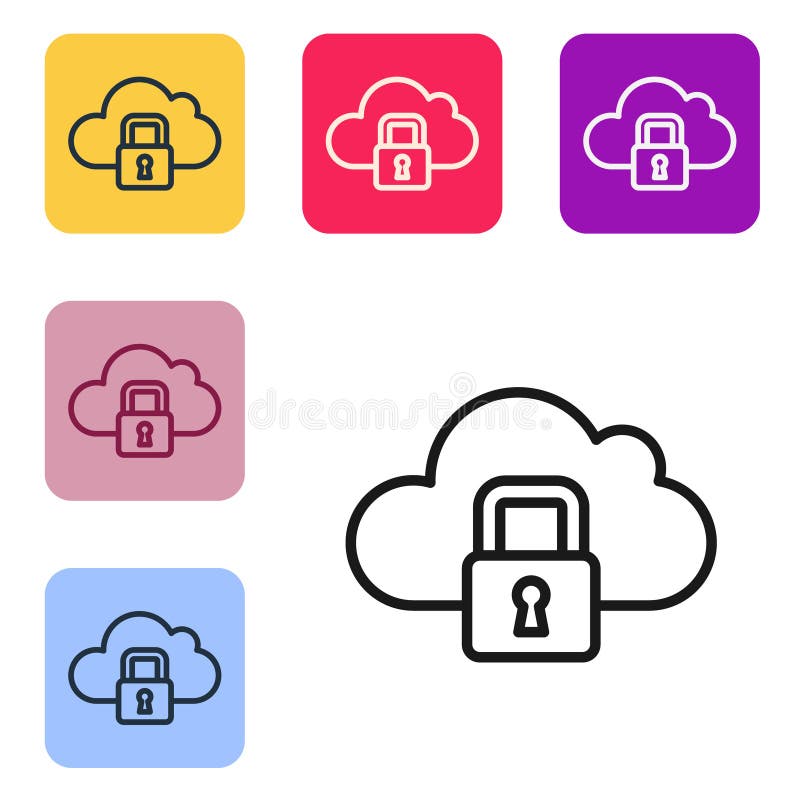 Black Line Cloud Computing Lock Icon Isolated on White Background ...