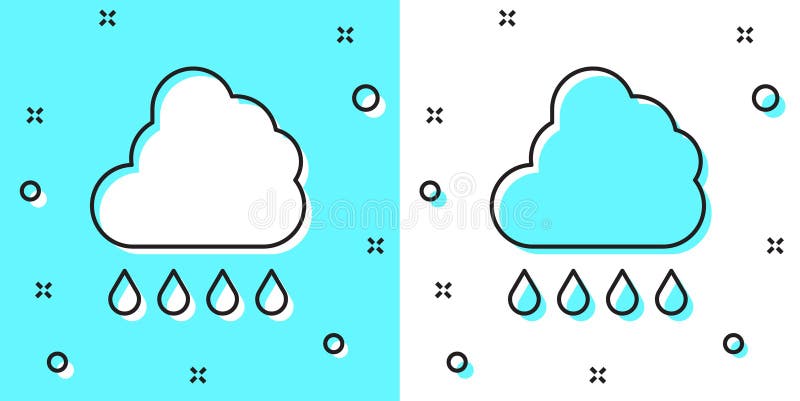 Black Line Cloud with Rain Icon Isolated on Green and White Background ...