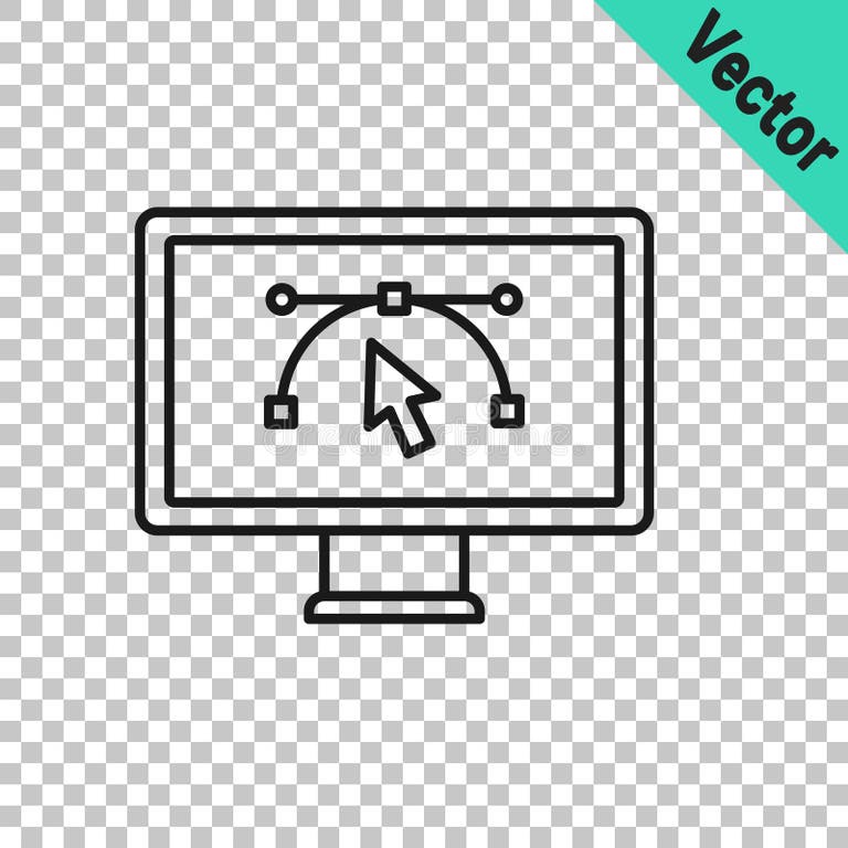 Black Line Computer Display with Vector Design Program Icon Isolated on Isolated on Transparent ...