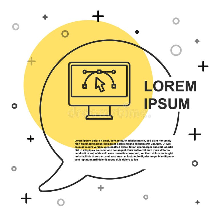 Black Line Computer Display with Vector Design Program Icon Isolated on Isolated on White ...