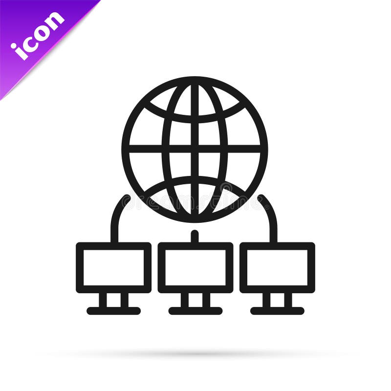 Black Line Computer Network Icon Isolated on White Background. Laptop ...