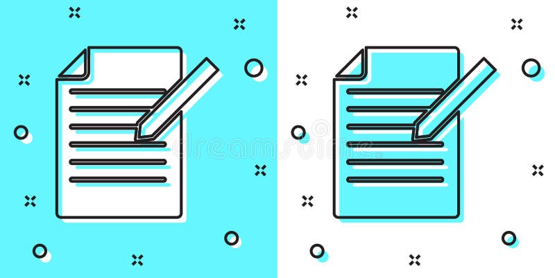 Black Line Document and Pen Icon Isolated on Green and White Background ...