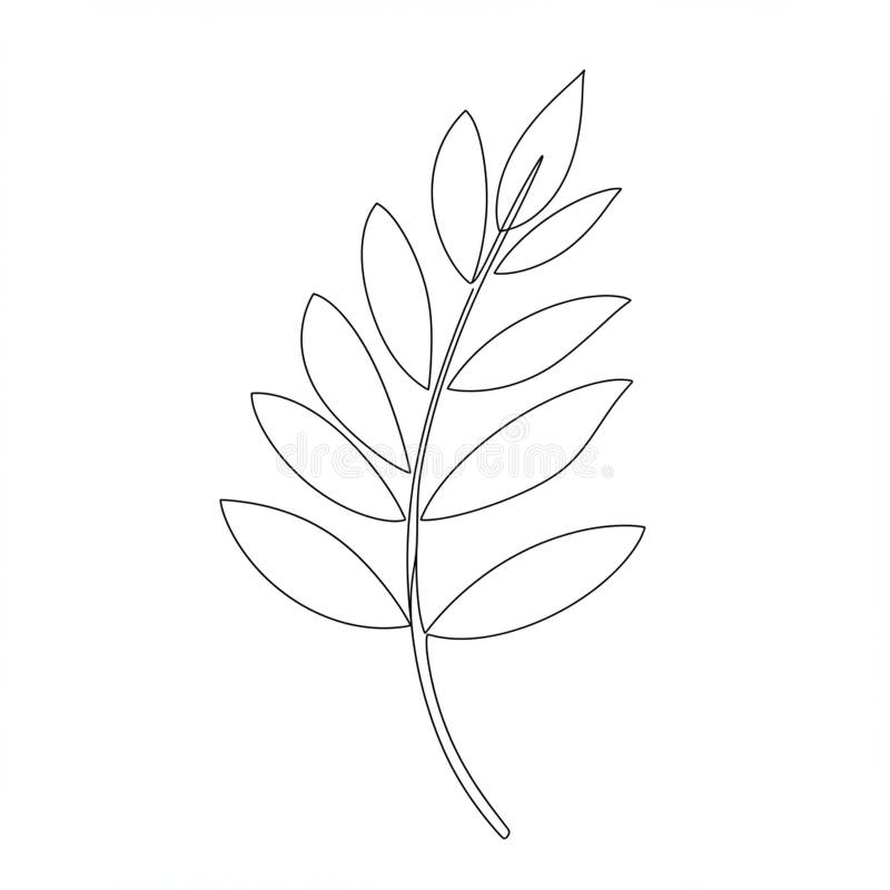Black Line Drawing of a Stylized Leaf Branch, Featuring a Central Stem ...