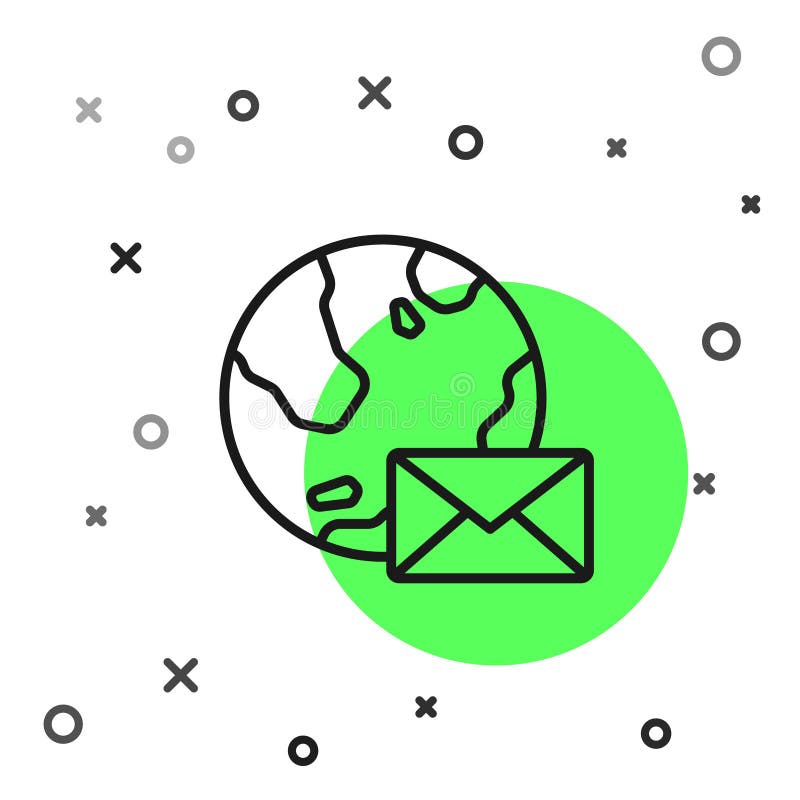 Black Line Earth Globe with Mail and E-mail Icon Isolated on White ...