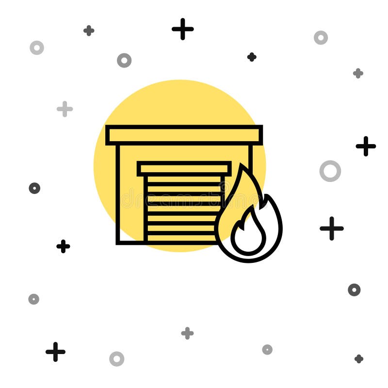 Black Line Fire in Burning Garage Icon Isolated on White Background ...