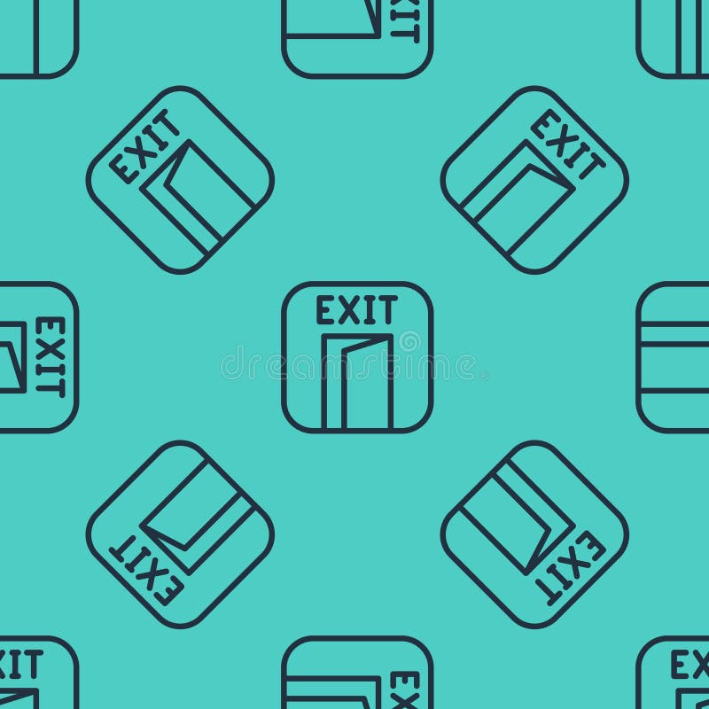 Black Line Fire Exit Icon Isolated Seamless Pattern on Green Background ...